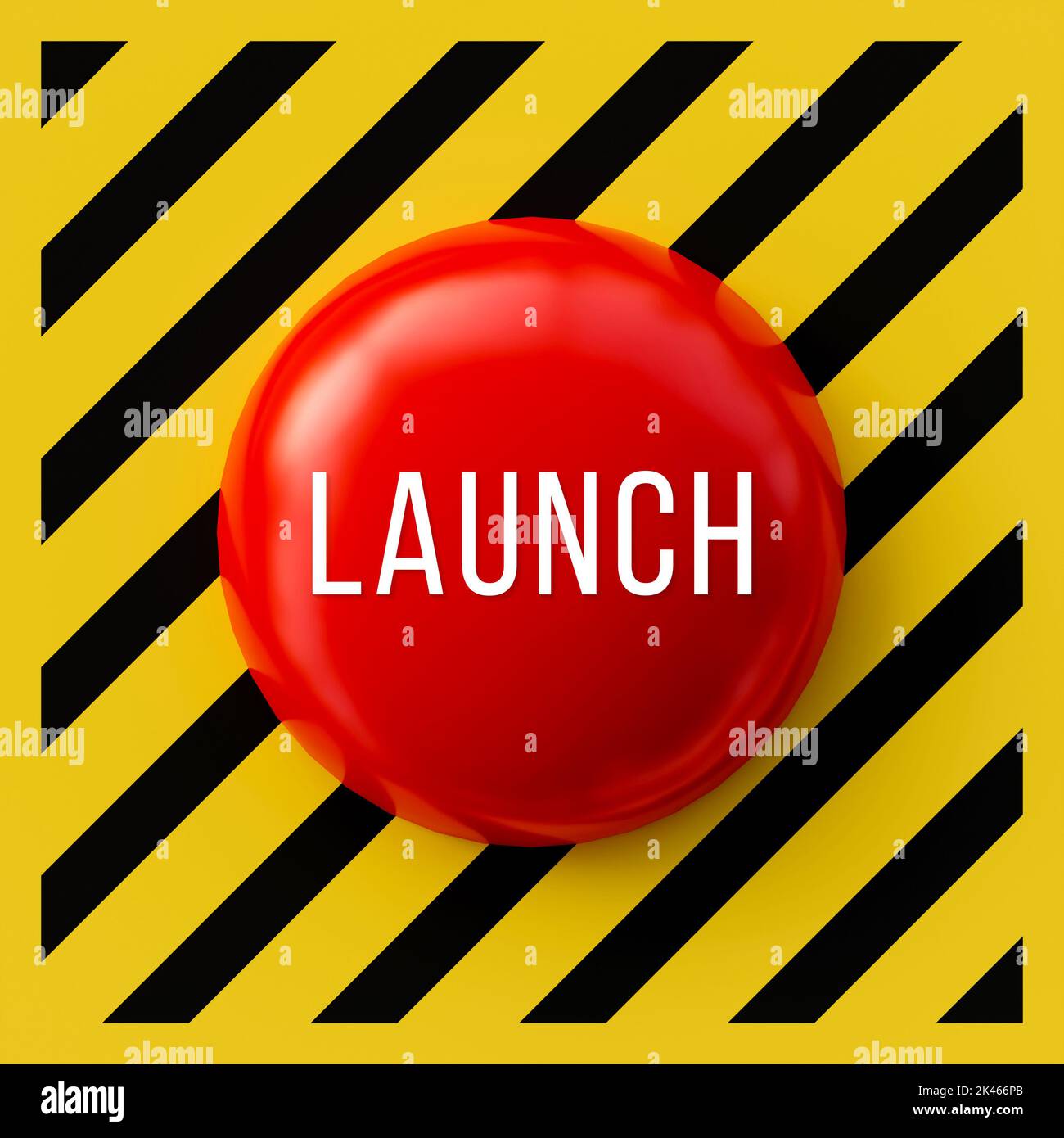 Launch button with red color isolated on black and yellow striped ...