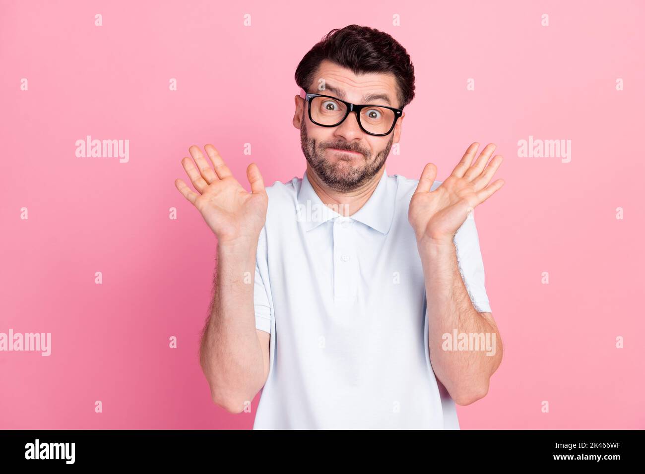 Photo of unsure confused man barber dressed nice clothes show arm not ...