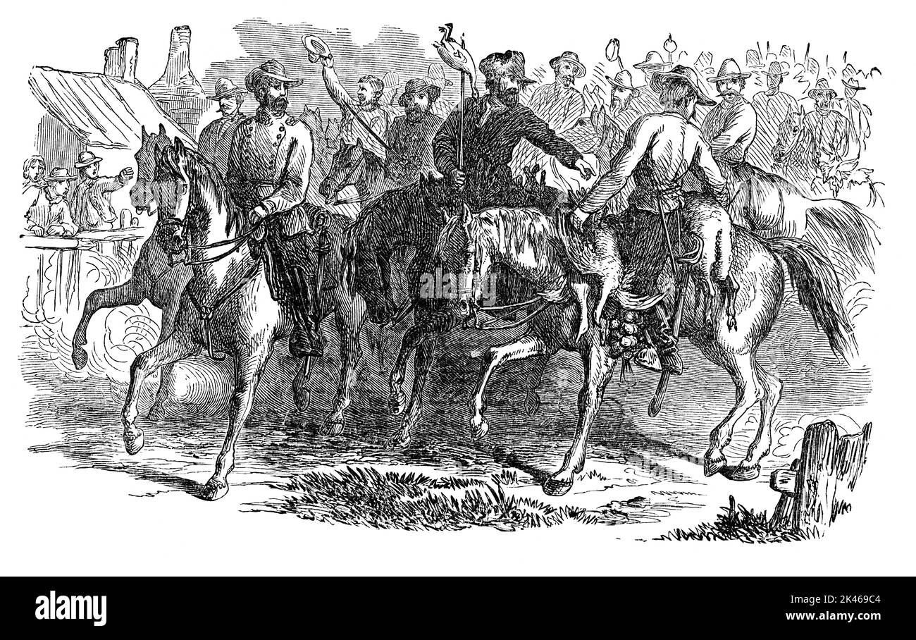 Engraved vintage illustration image of a Union Cavalry raid during the ...