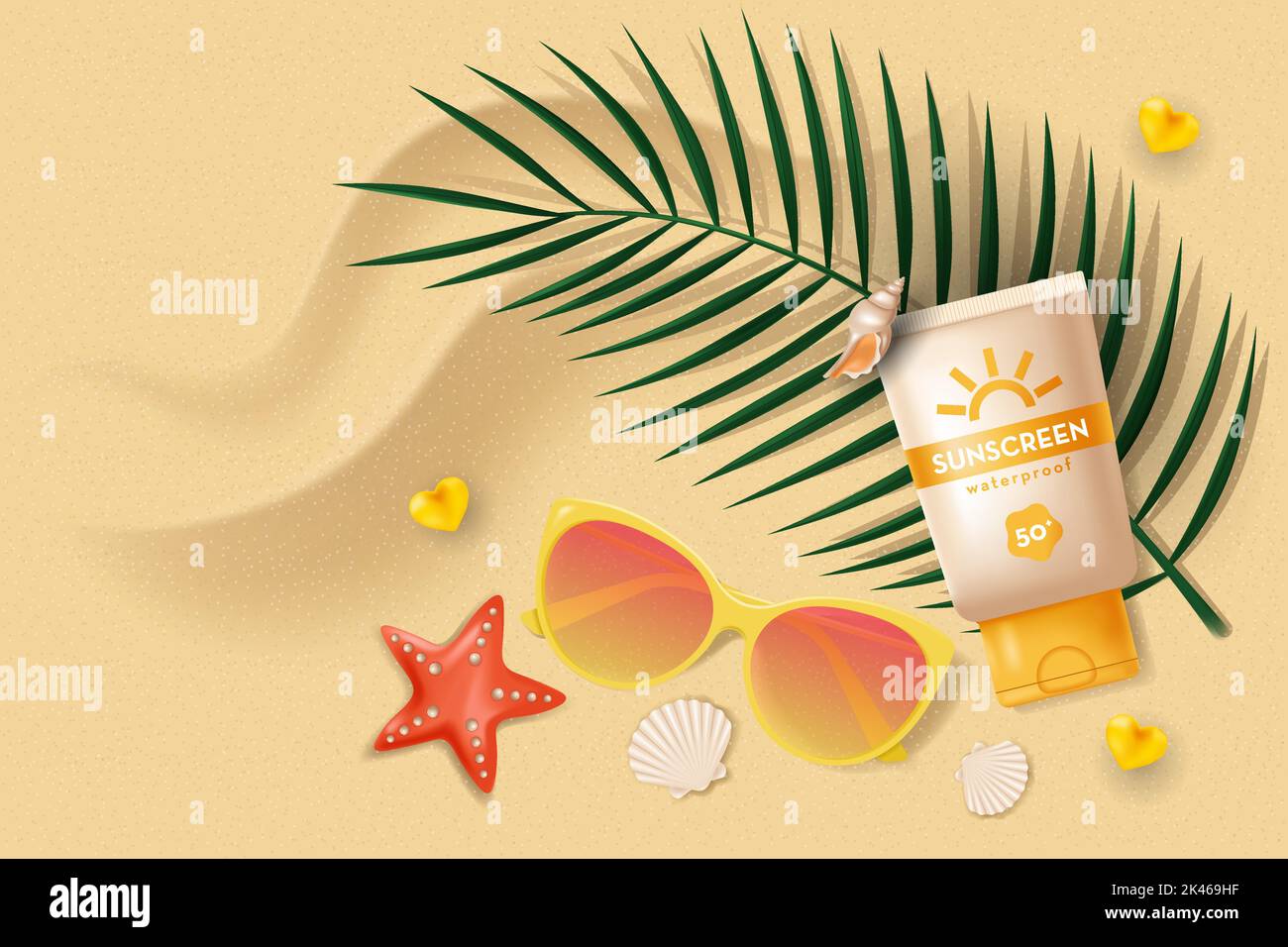 Sunscreen tubes with summer palm leaves, sunglasses and shells on ...