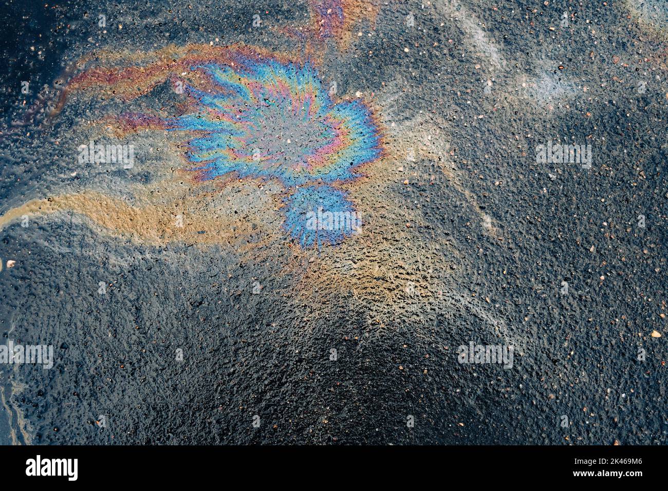 Dirty multi-colored stain from engine oil on asphalt. Environmental ...