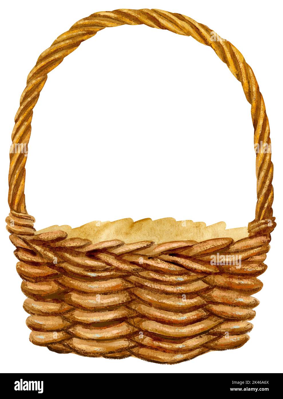 Watercolor empty brown basket. Rustic handle straw hamper. Vintage ...