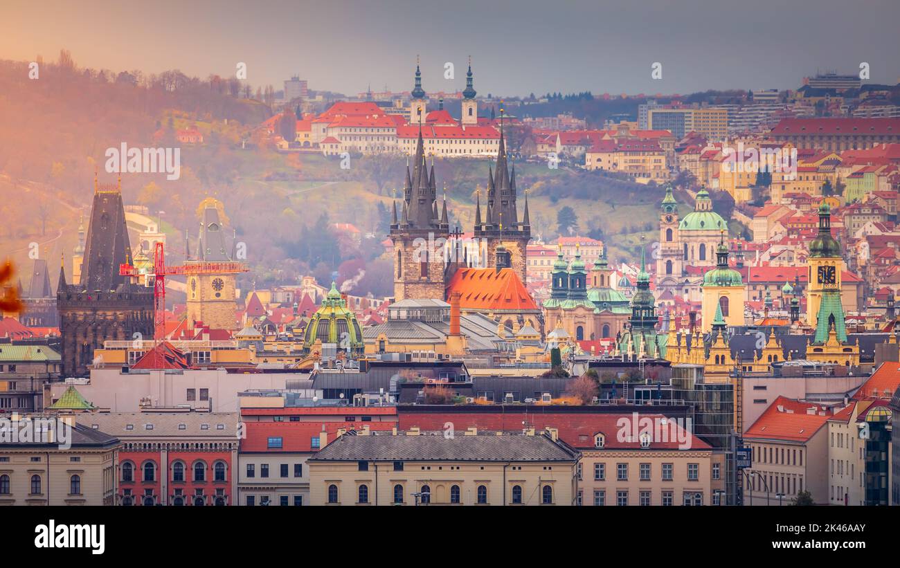 Above medieval Prague old town towers and domes at evening, Czech Stock ...