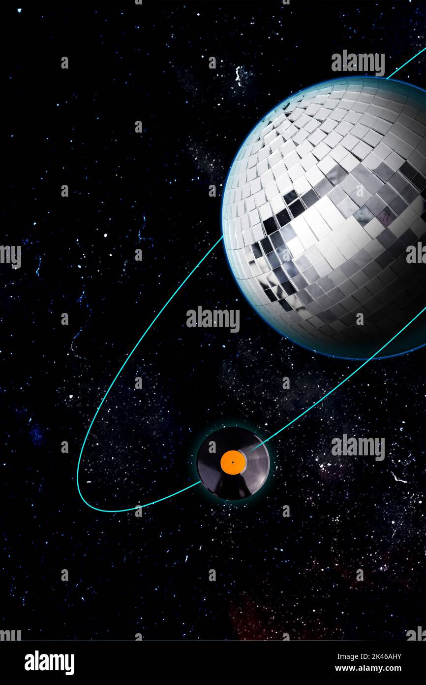 Photo artwork minimal picture of disco ball planet flying vinyl plate ...