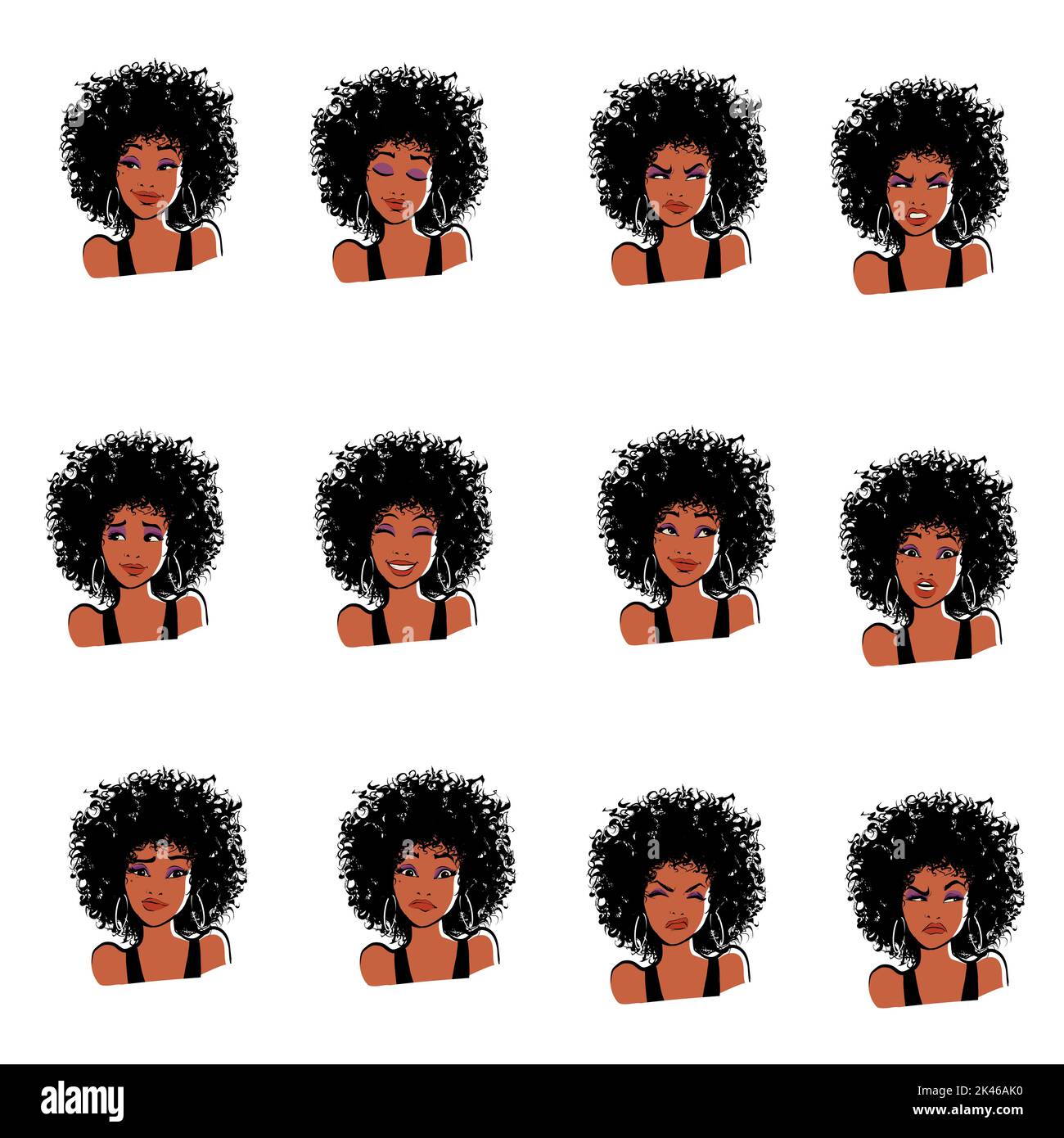 Set of women with afro hairstyle with different facial expressions ...
