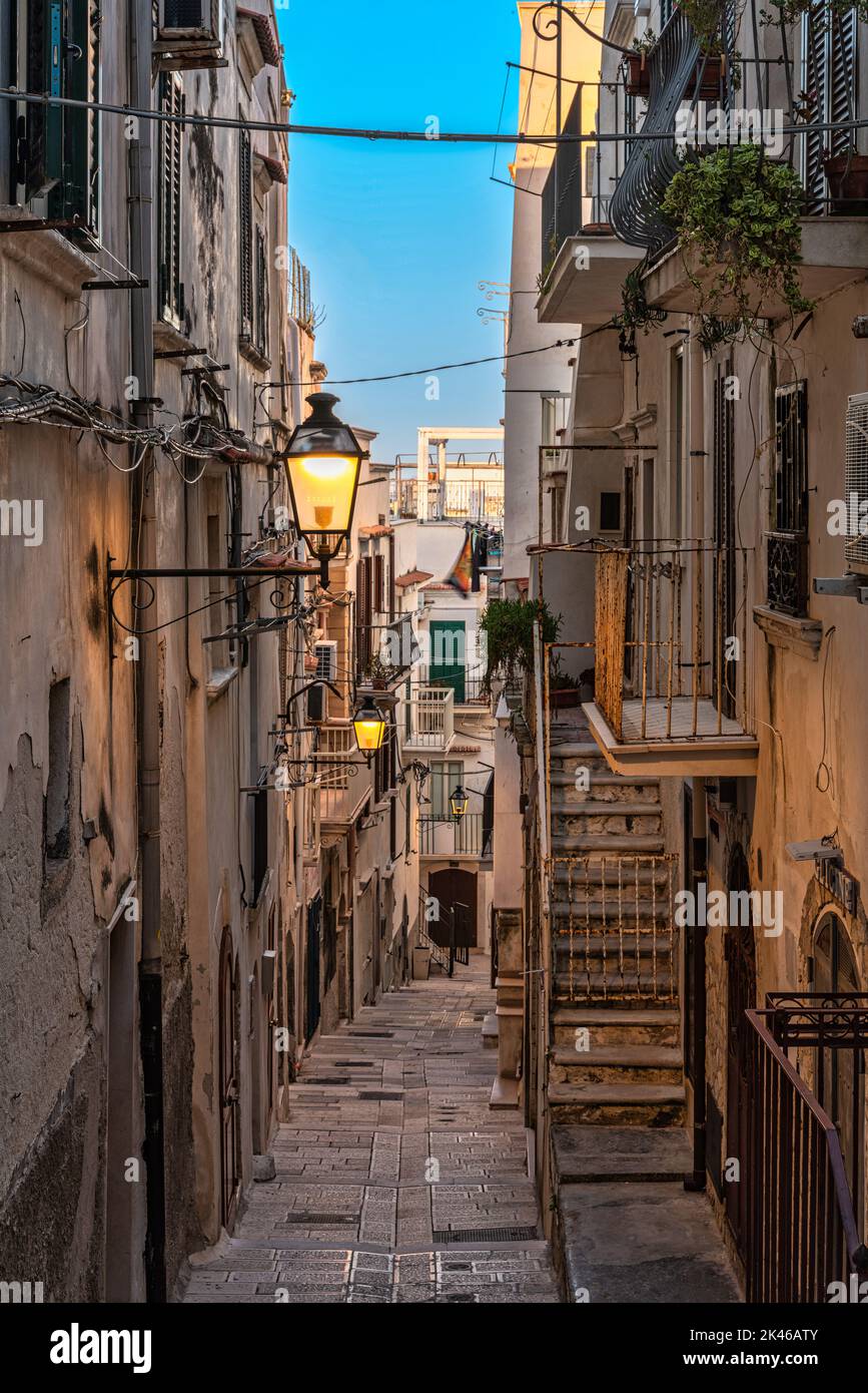 Characteristic alley with the classic staircase of the city of Vieste ...
