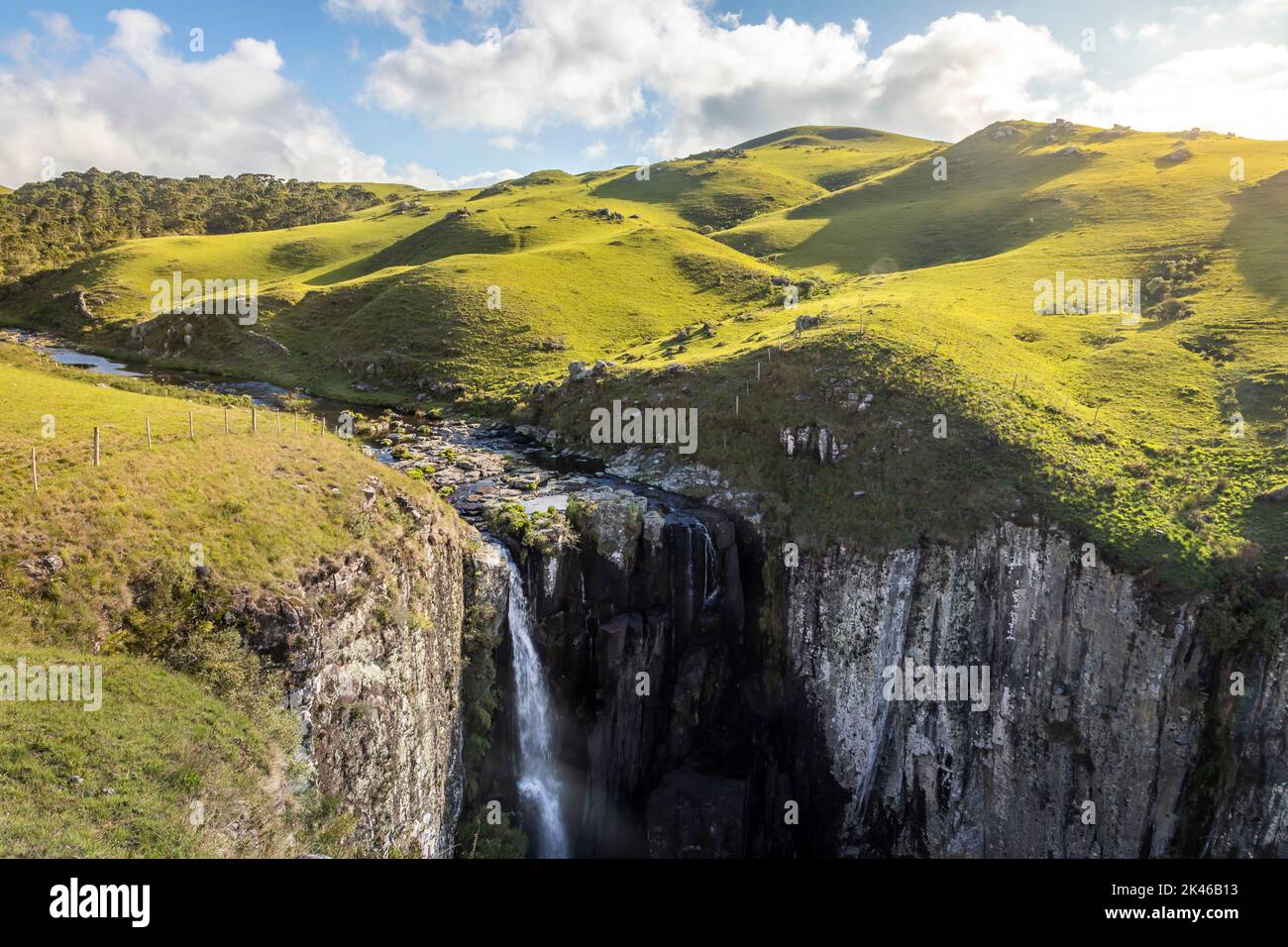 Southern Brazil countryside and Waterfall landscape at peaceful sunset ...