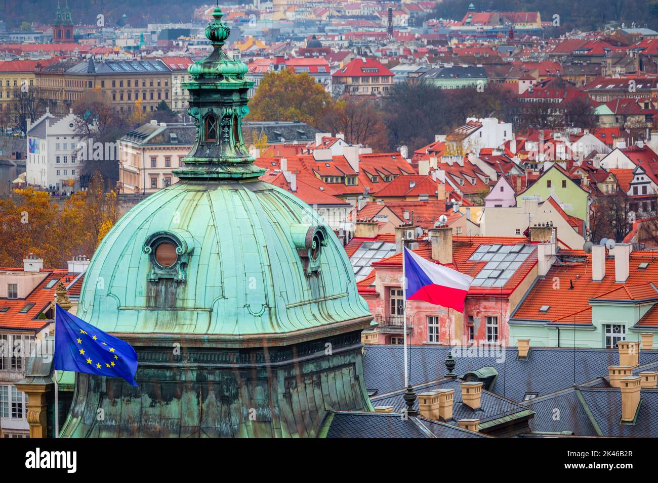 Above medieval Prague old town towers and domes at evening, Czech Stock ...
