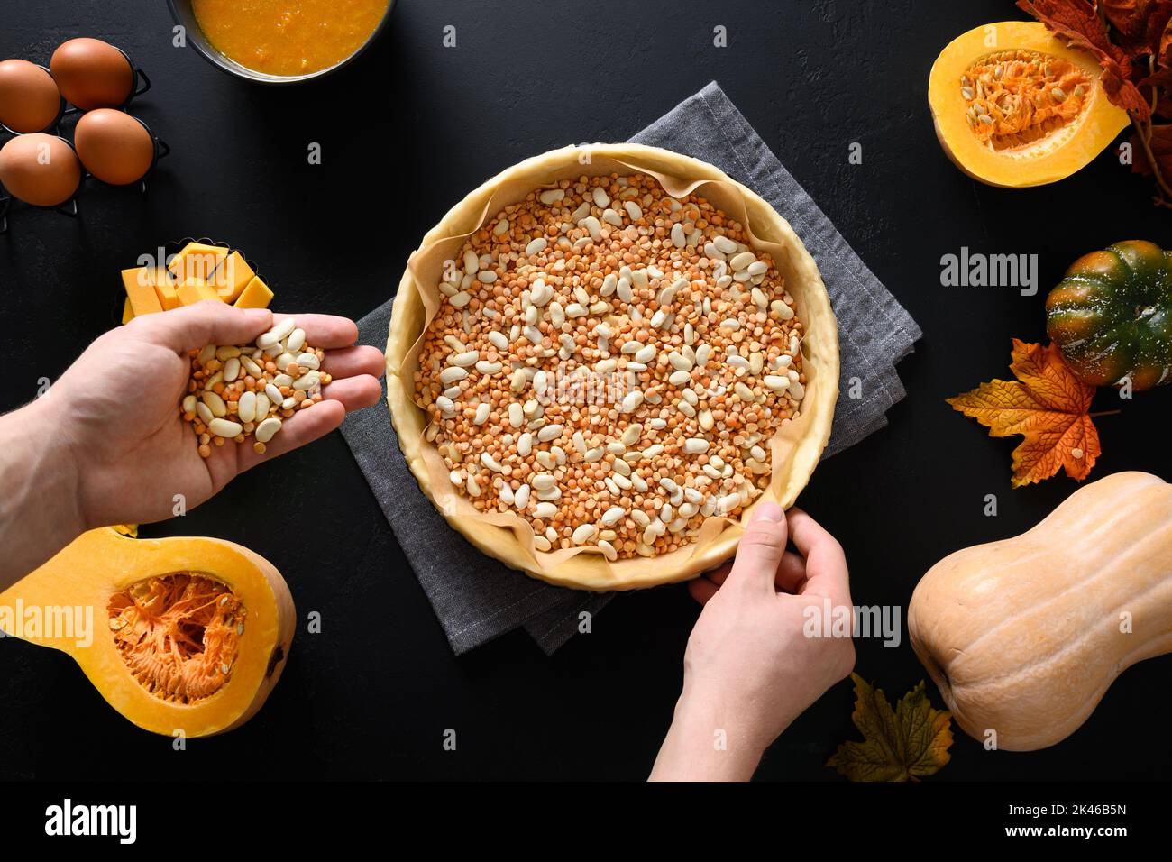Process of making Pumpkin pie for Thanksgiving Day. View from above ...