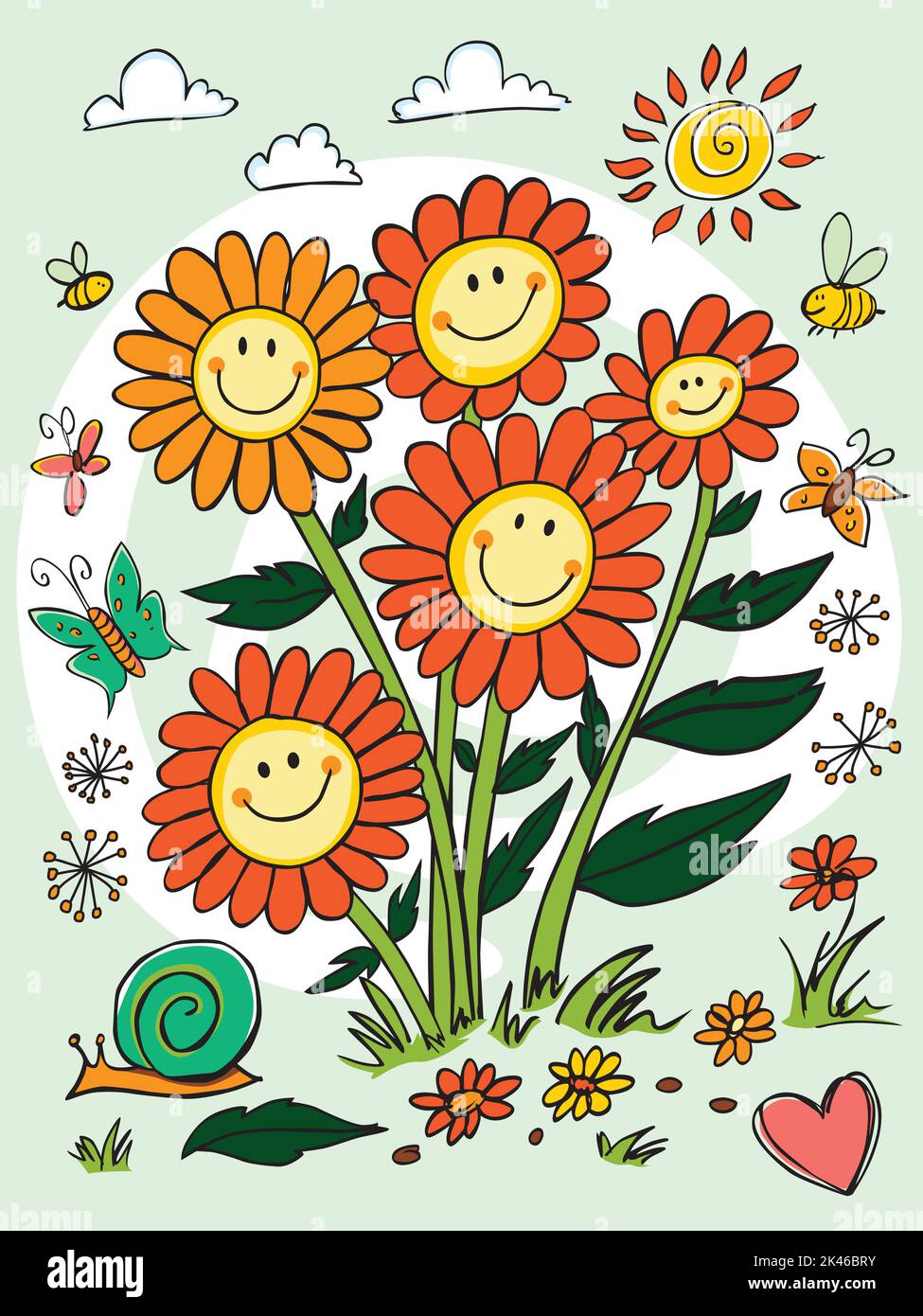 Vector cute happy daisy flowers portrait with snail and butterflies ...