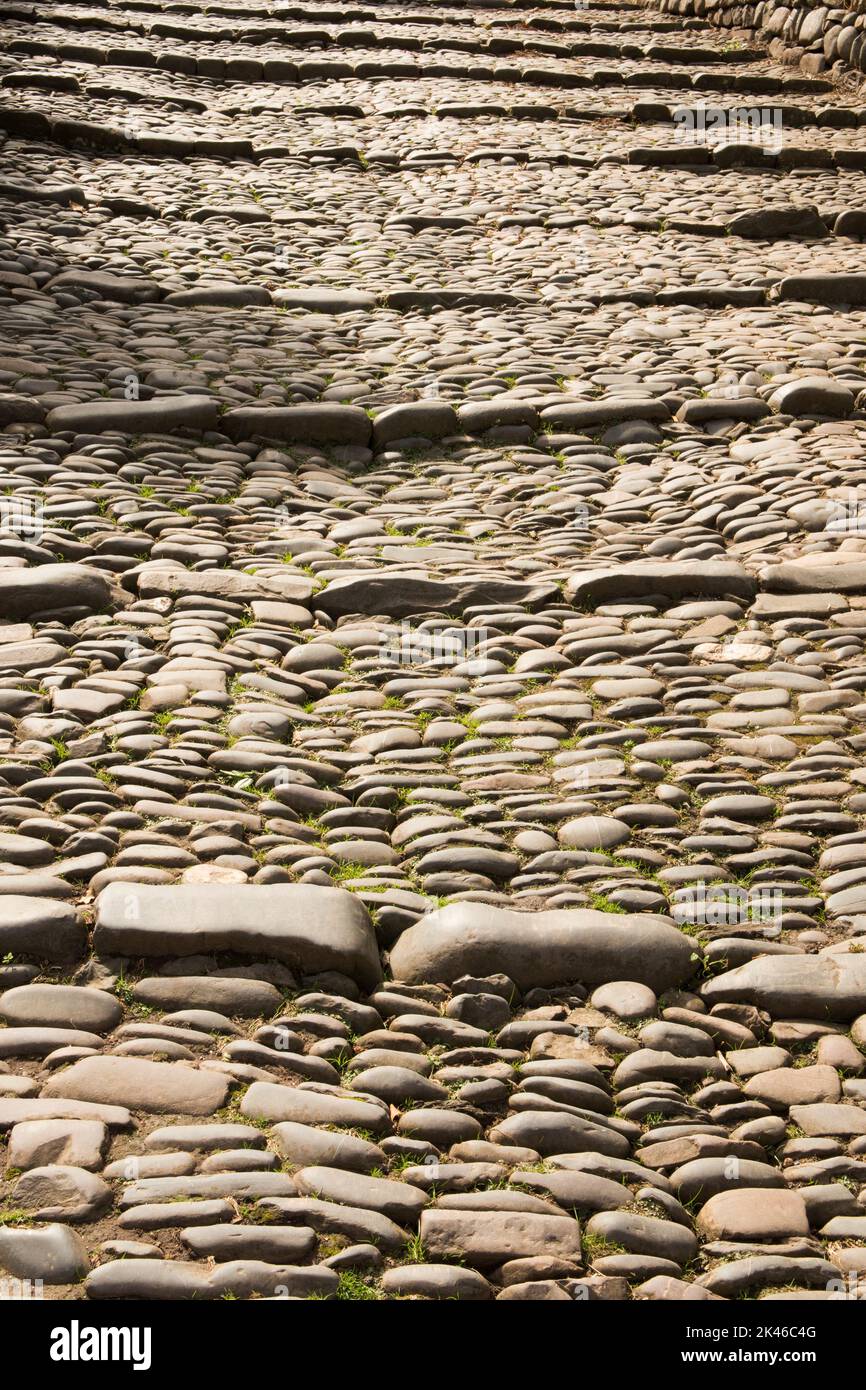cobbles and steps on cobbled narrow street in Clovelly, North Devon, UK ...