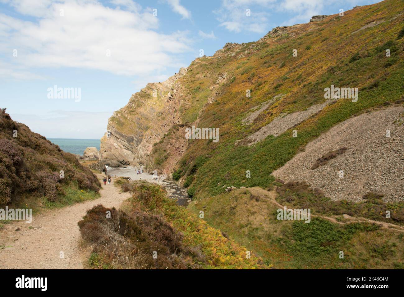 sea, hills and beach at Heddon's Mouth, Heddon Valley, River Heddon, North Devon coast, UK ...