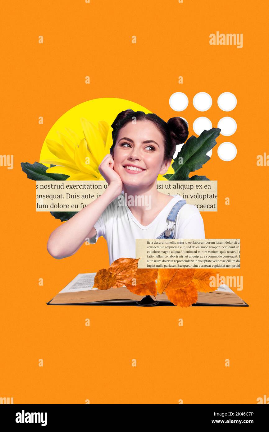 Collage poster image of cute lady study dreamy reading textbook ...