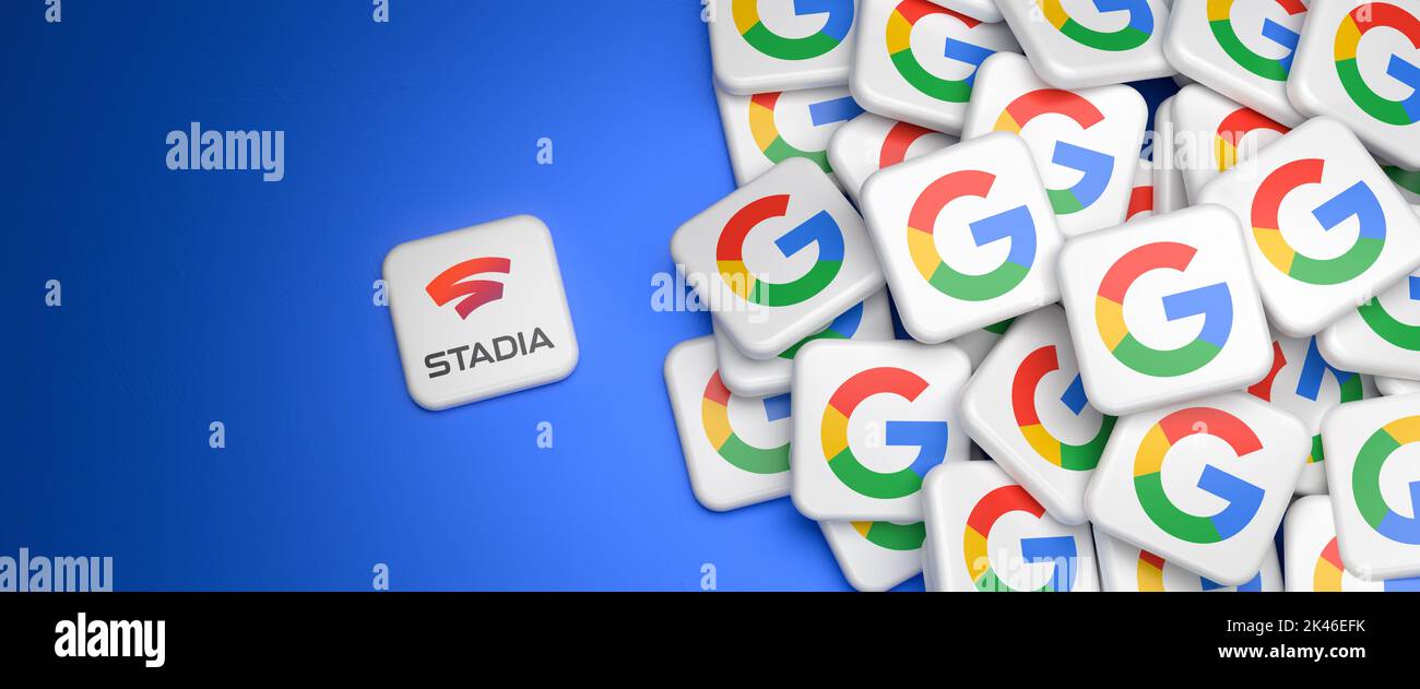 The logo Alphabets Game Streaming brand Stadia besides logos of Google ...