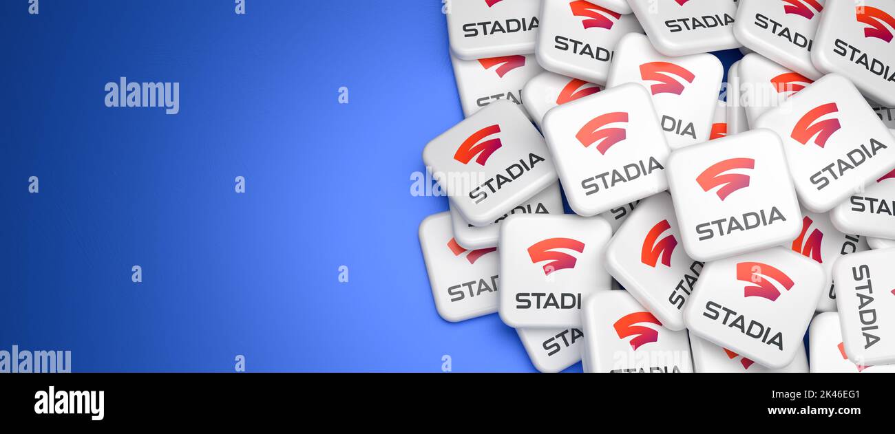 Logos Alphabets Game Streaming brand Stadia on a heap on a table ...