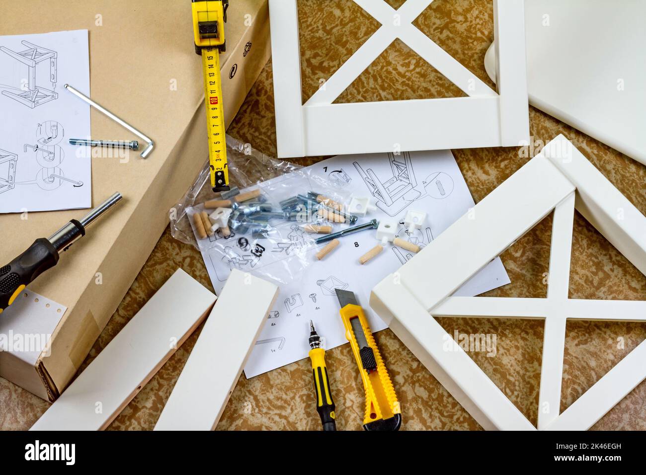 Tools, instructions and details for self assembly furniture Stock Photo - Alamy