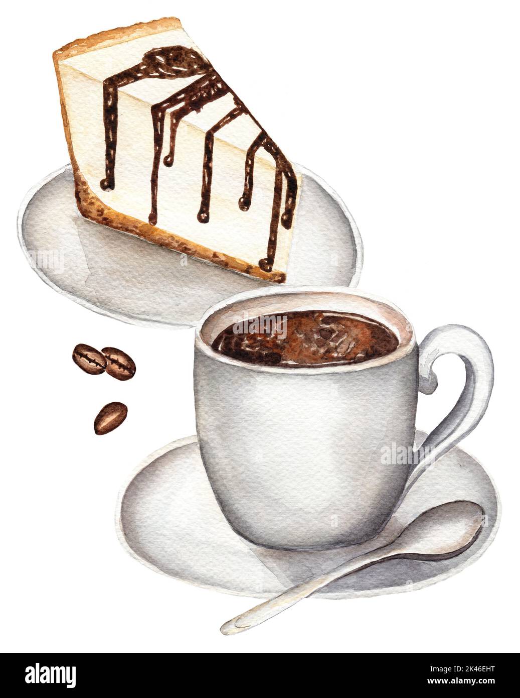 Watercolor coffee illustration with cake, cafe bakery clipart, Coffee ...