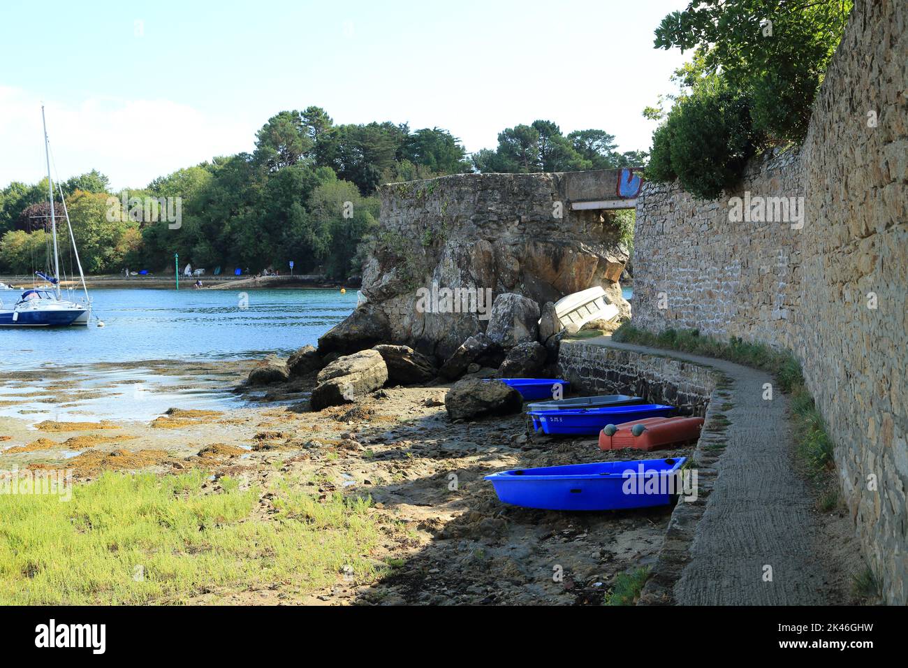 View of coastal footpath at la Marle river from Moreac, Vannes, Golfe ...