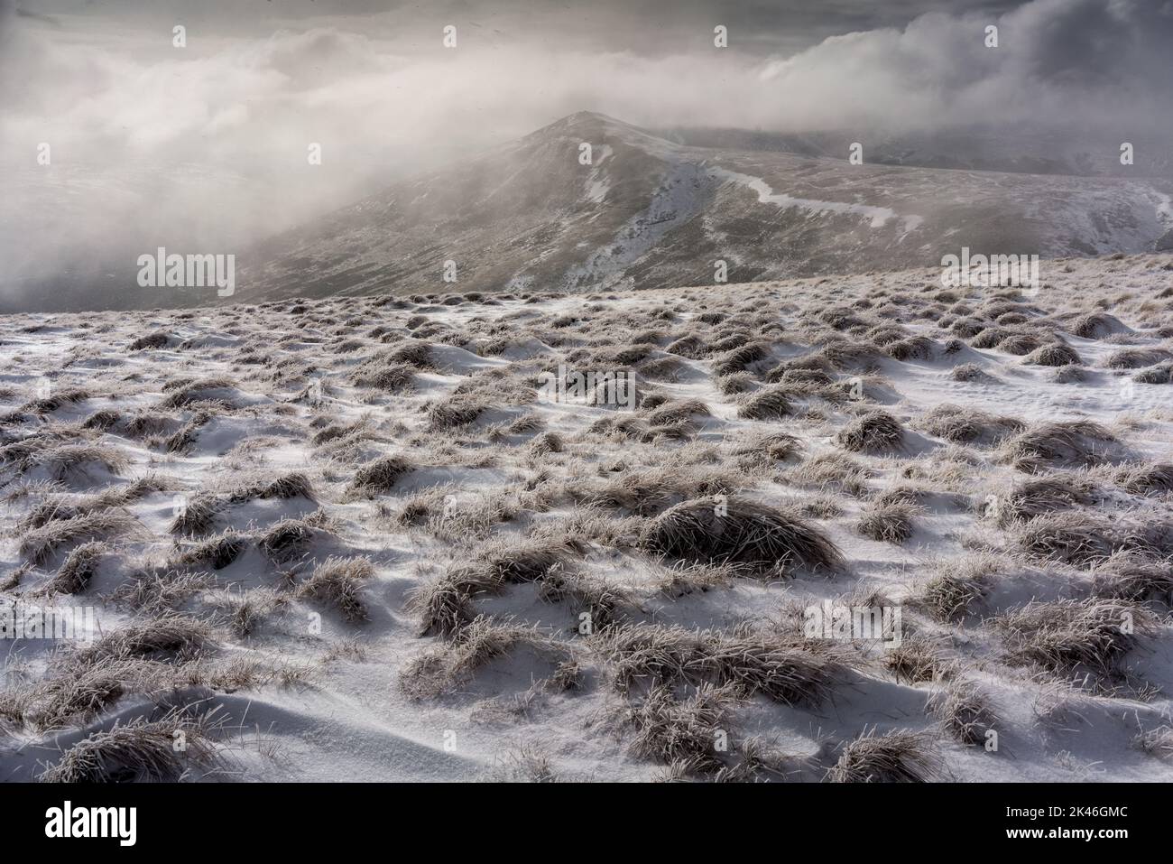 Freezing, bitter, cold, snowy winter scene. The northern fells, the ...