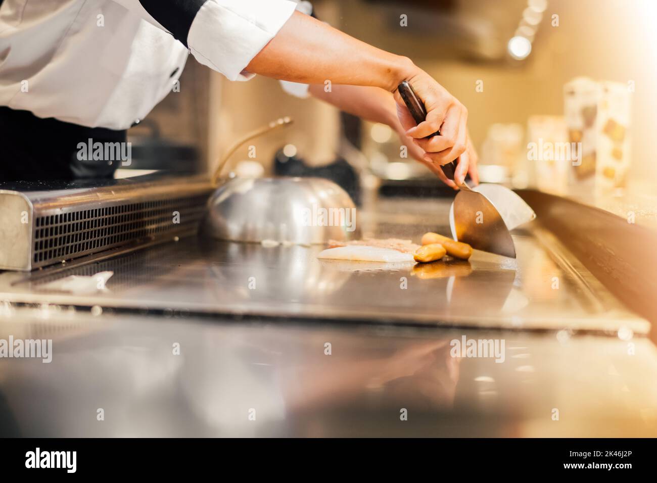 Hand of man take cooking of meat with vegetable grill, Chef cooking ...