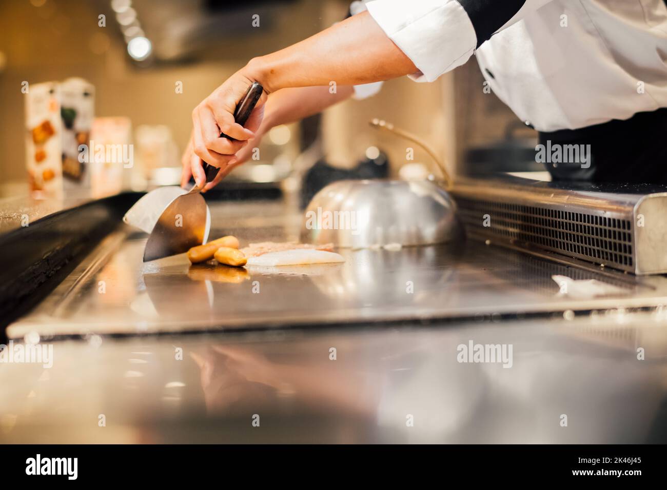 Hand of man take cooking of meat with vegetable grill, Chef cooking ...