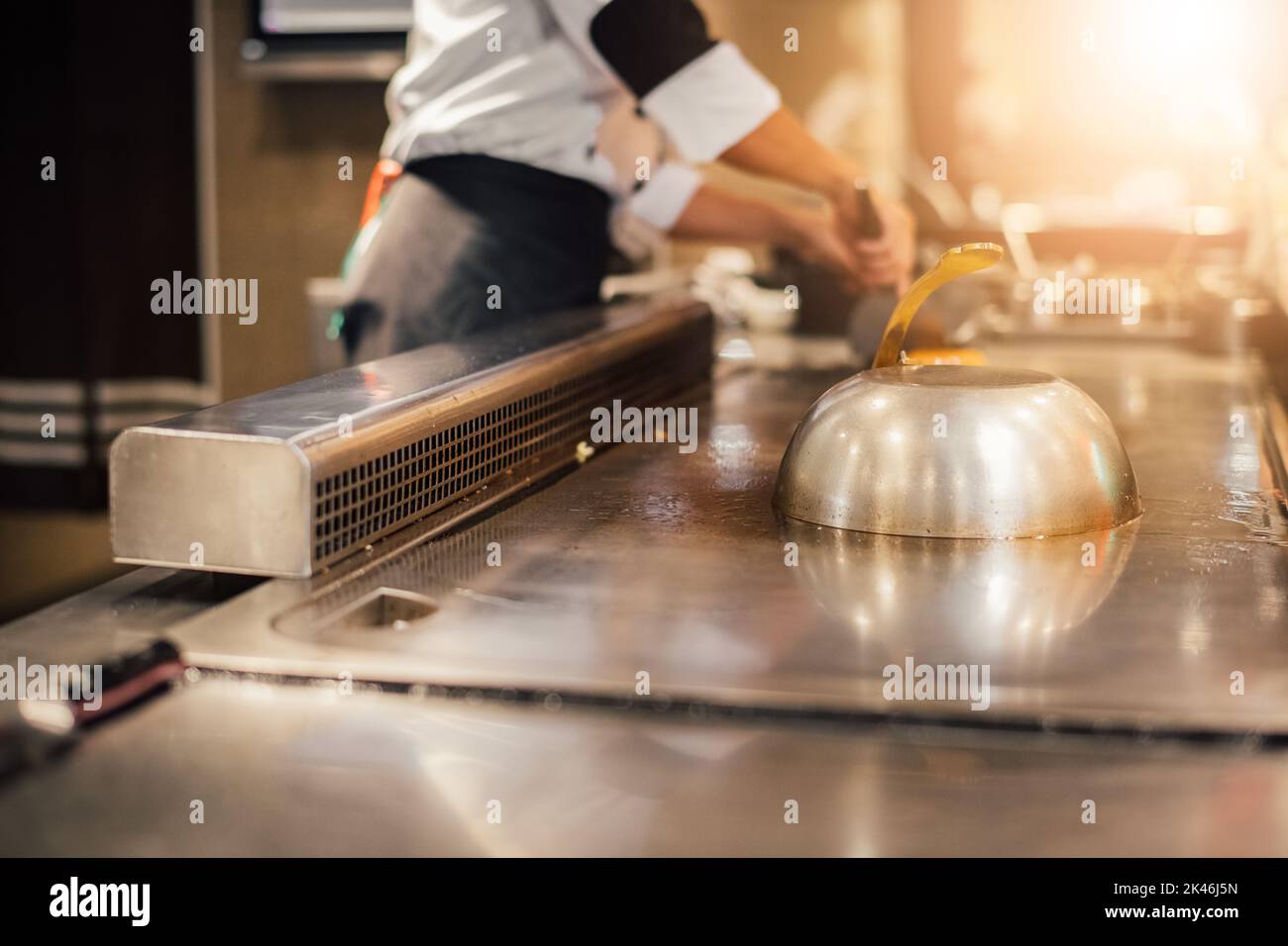 Hand of man take cooking of meat with vegetable grill, Chef cooking ...