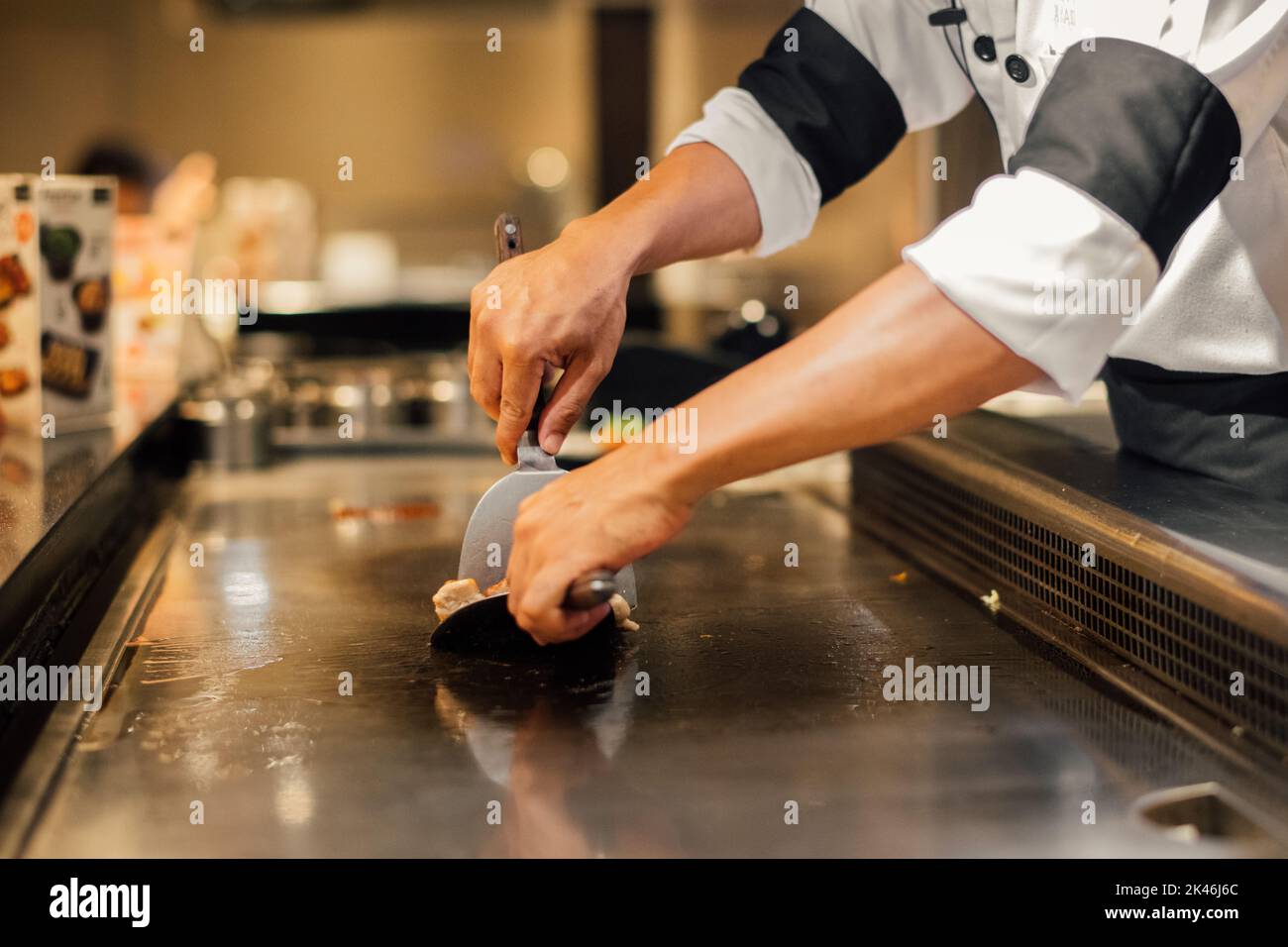 Hand of man take cooking of meat with vegetable grill, Chef cooking ...