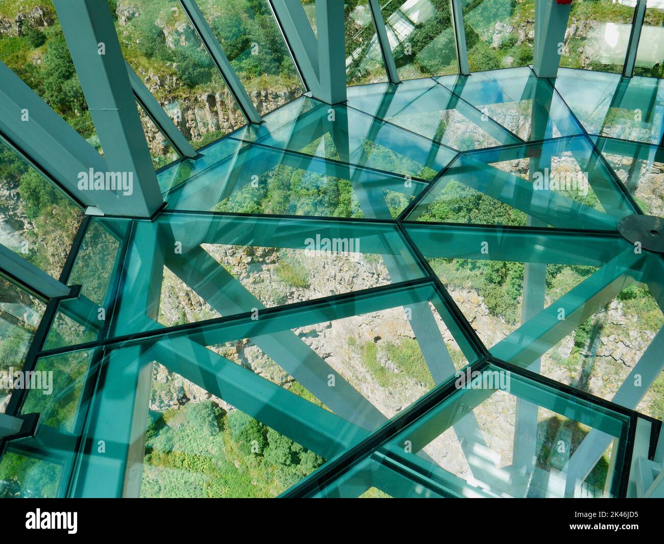 View from inside the Diamond cafe at glass bridge over Dashbashi Canyon ...