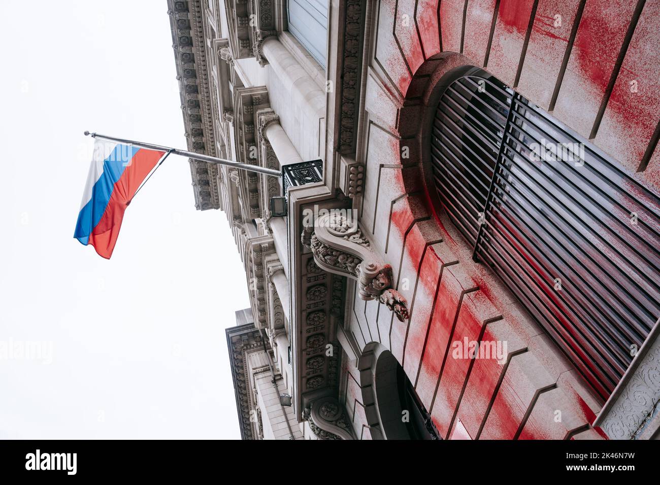 New York, USA. 30th Sep, 2022. Russian flag flies above a vandalized ...