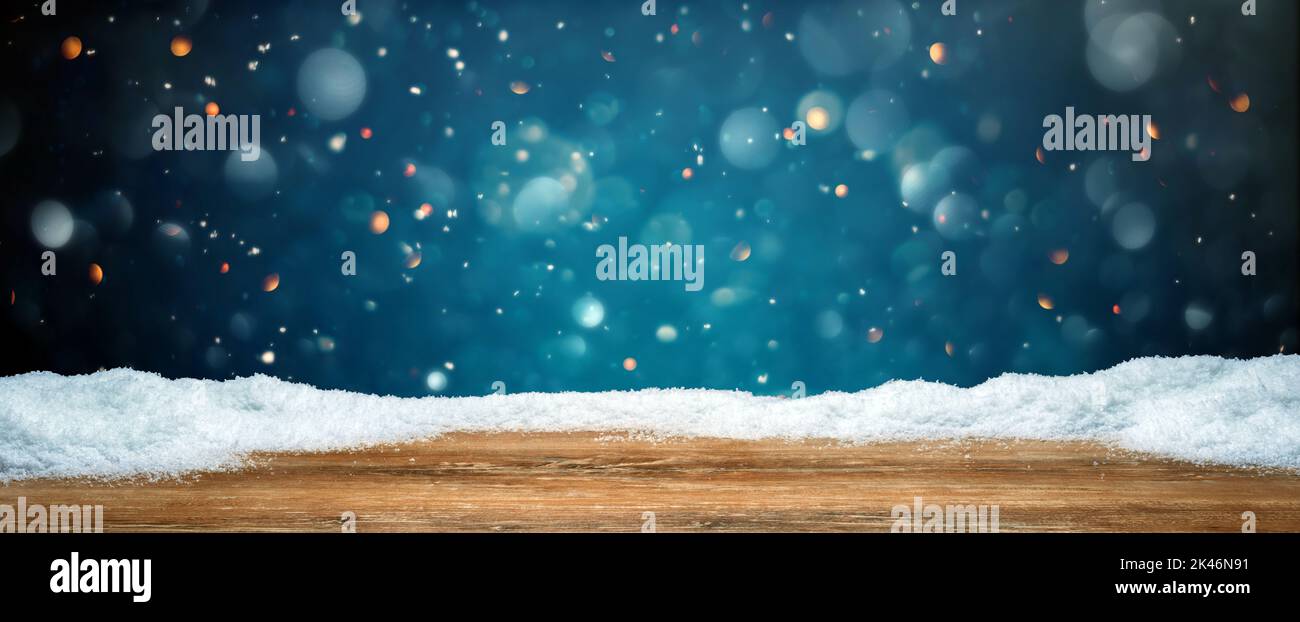 Wooden table with snow texture background for Christmas and winter ...