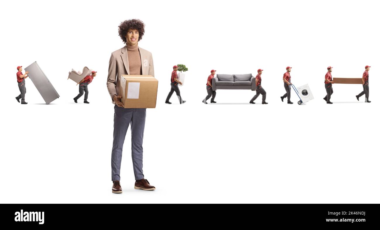Full length portrait of a young elegant man holding a cardboard box and ...