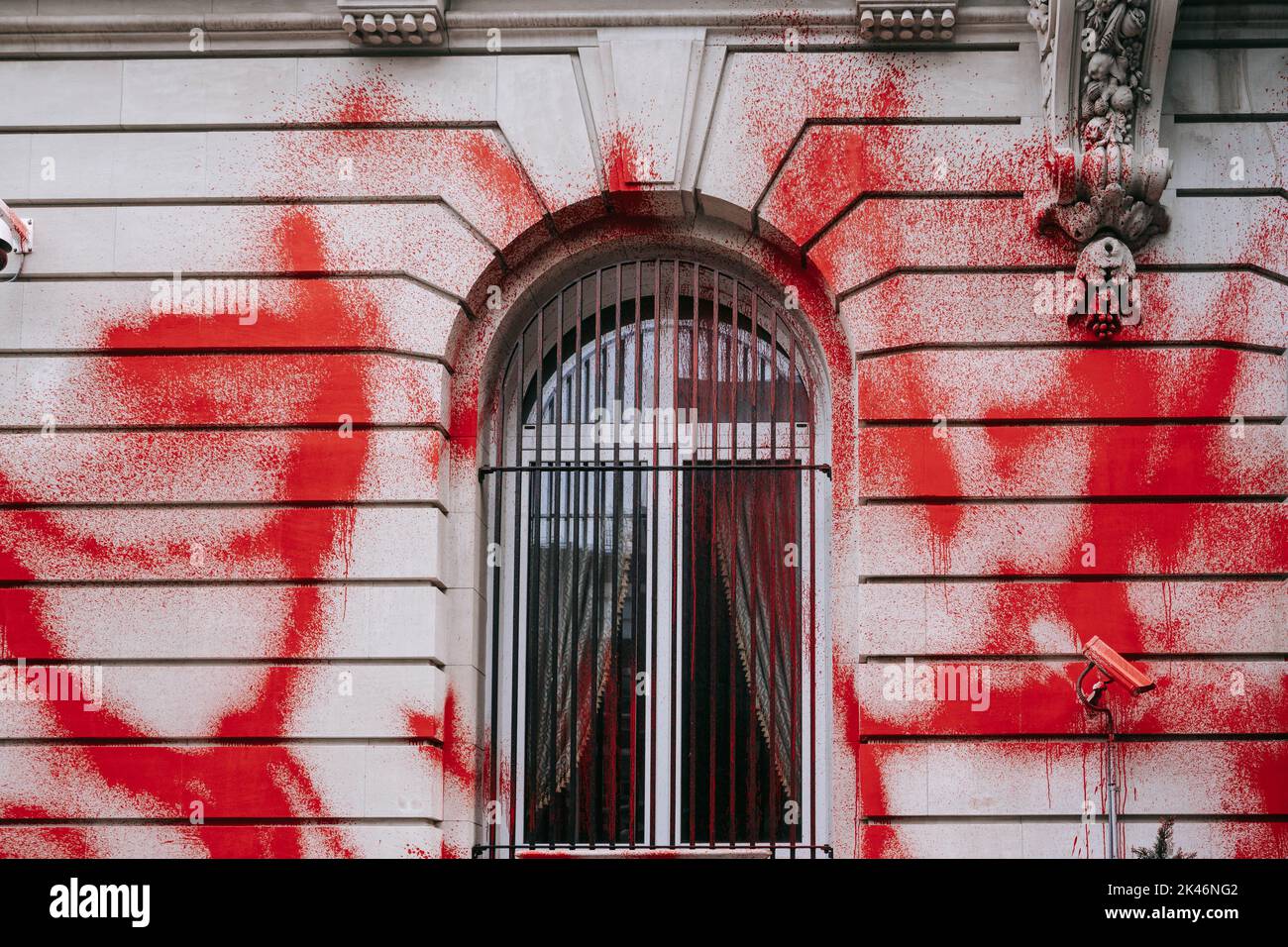 New York, USA. 30th Sep, 2022. Window of a Russian consulate vandalized ...
