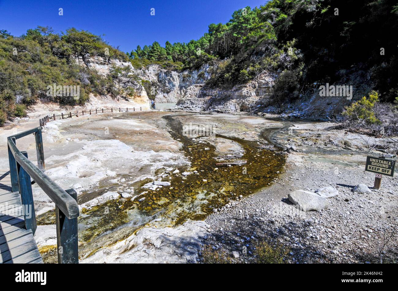 On a boardwalk towards Alum Cliffs at the Wai-O-Tapu Thermal Wonderland ...