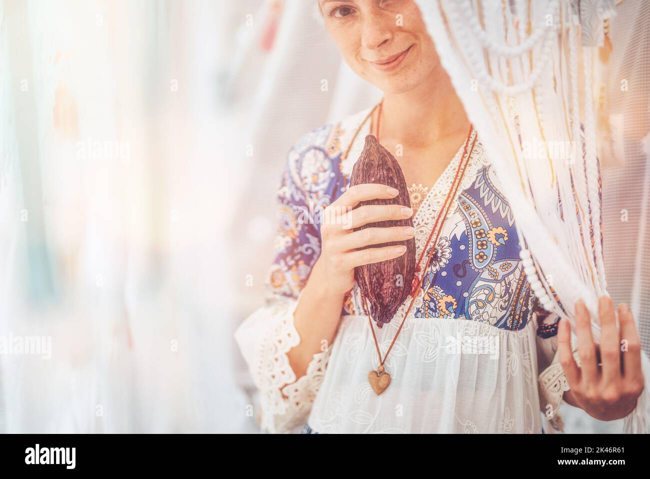 Cacao ceremony, heart opening medicine. Shaman ceremony space. Woman ...