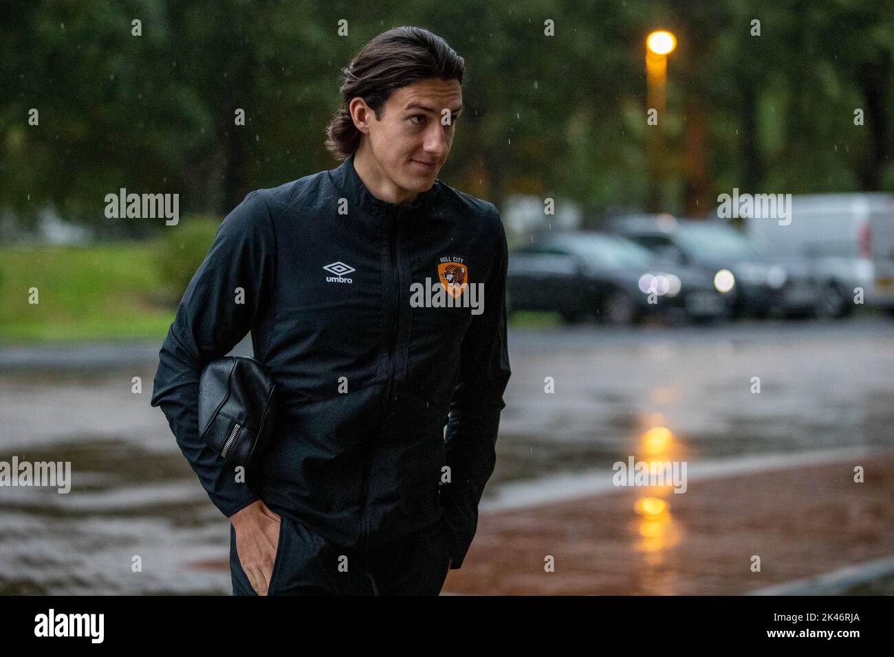 Alfie Jones #5 of Hull City arrives at The MKM Stadium ahead of the Sky ...