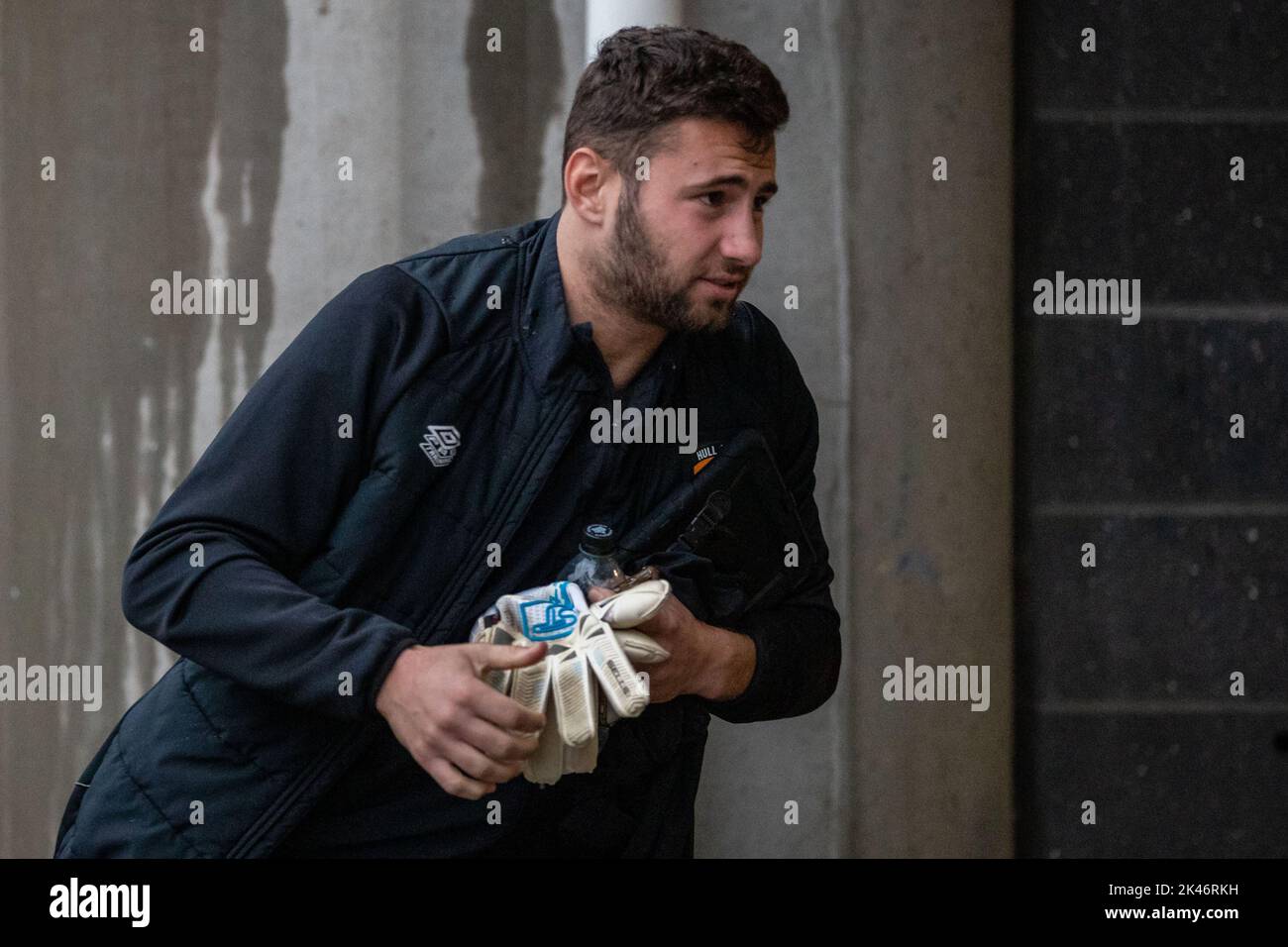 Nathan Baxter #13 of Hull City arrives at The MKM Stadium ahead of the ...