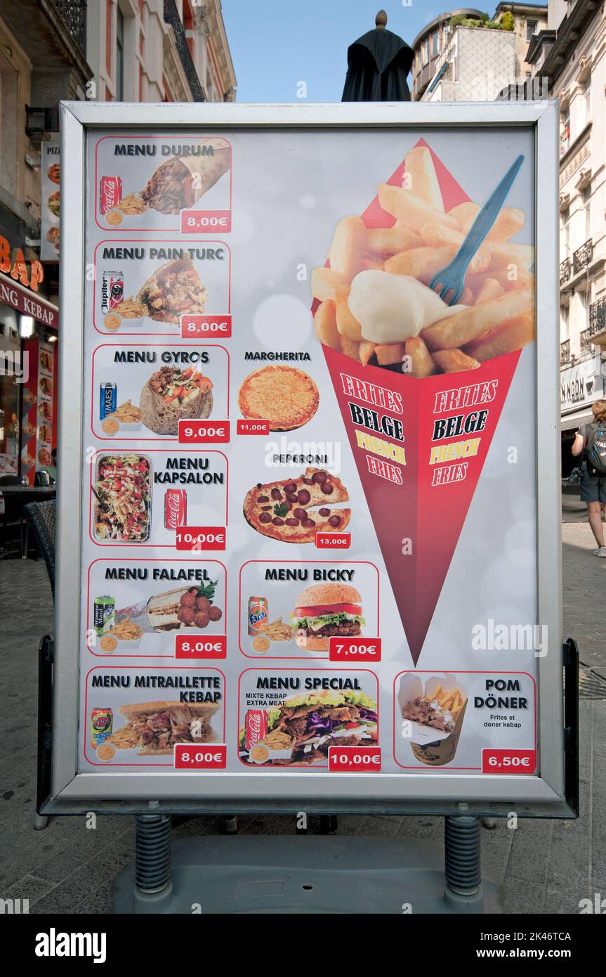 Menù sign with typical fried chips (frites) in Brussels, Belgium Stock ...
