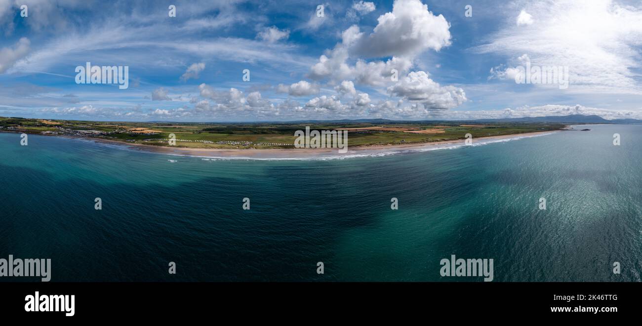 A panorama aerial view of the endless golden sand beach in Ballybunion ...