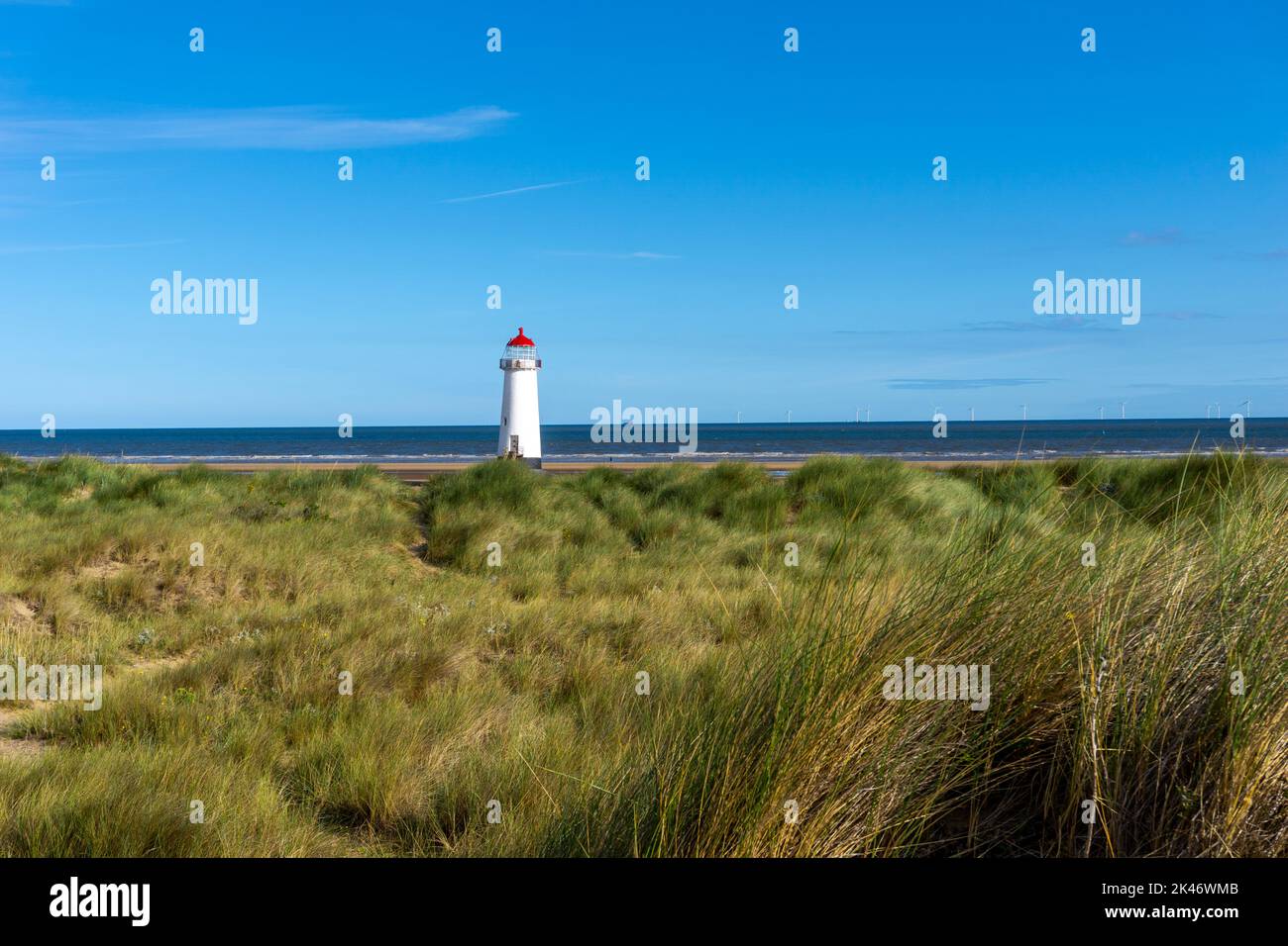 A view of the Point of Ayr Lighthouse and Talacre Beach in northern ...
