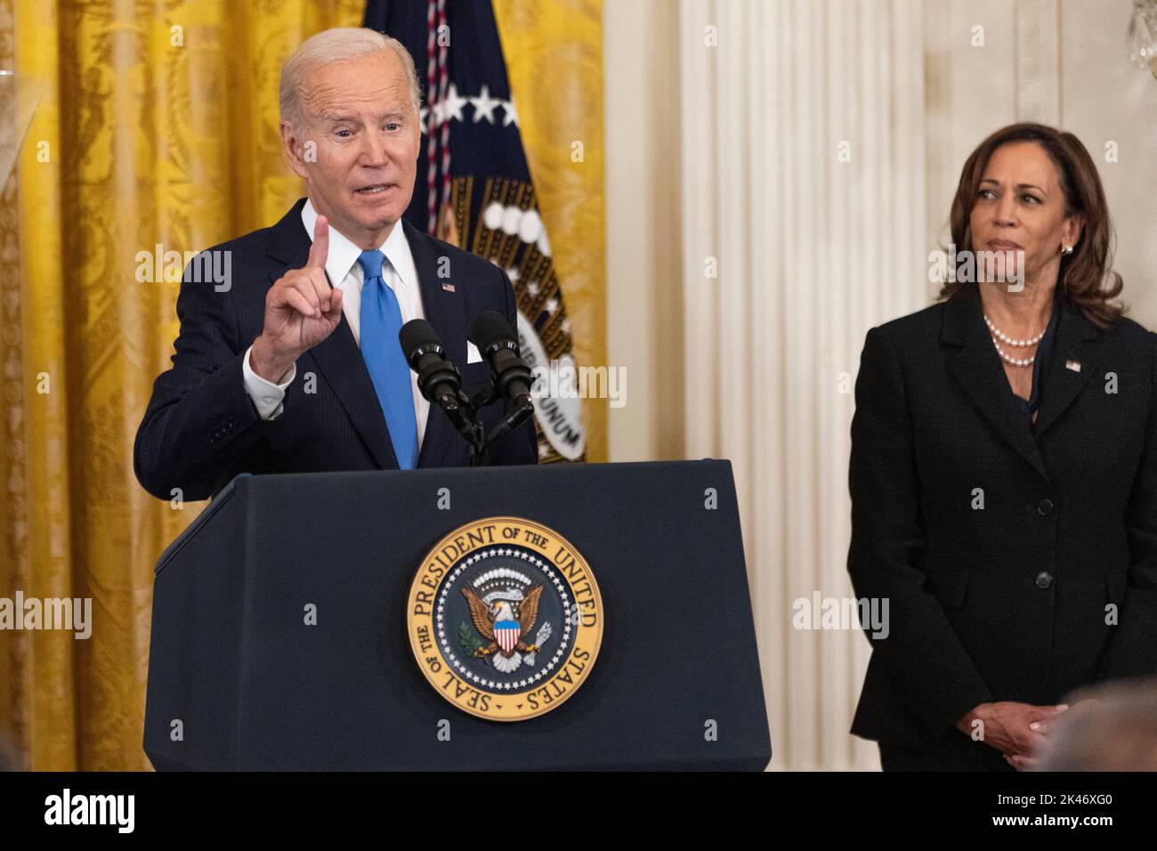 President Joe Biden speaks during an event in the East Room of the ...