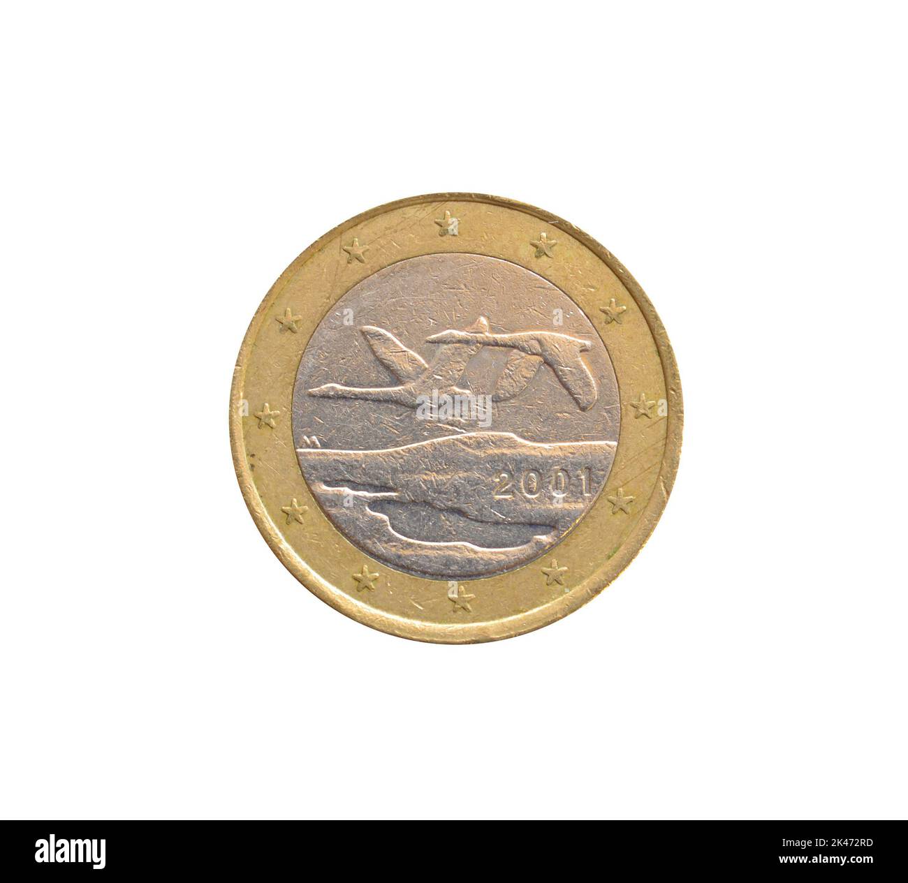 Reverse of One Euro coin made by Finland, that shows Two flying swan ...