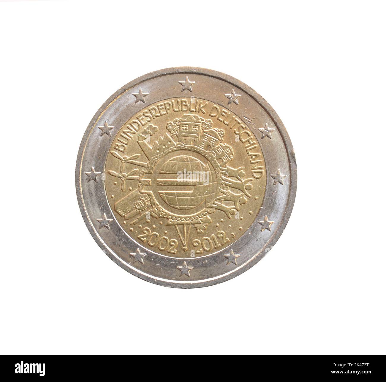 Reverse of 2 Euro coin made by Germany, that shows A map, next to the ...