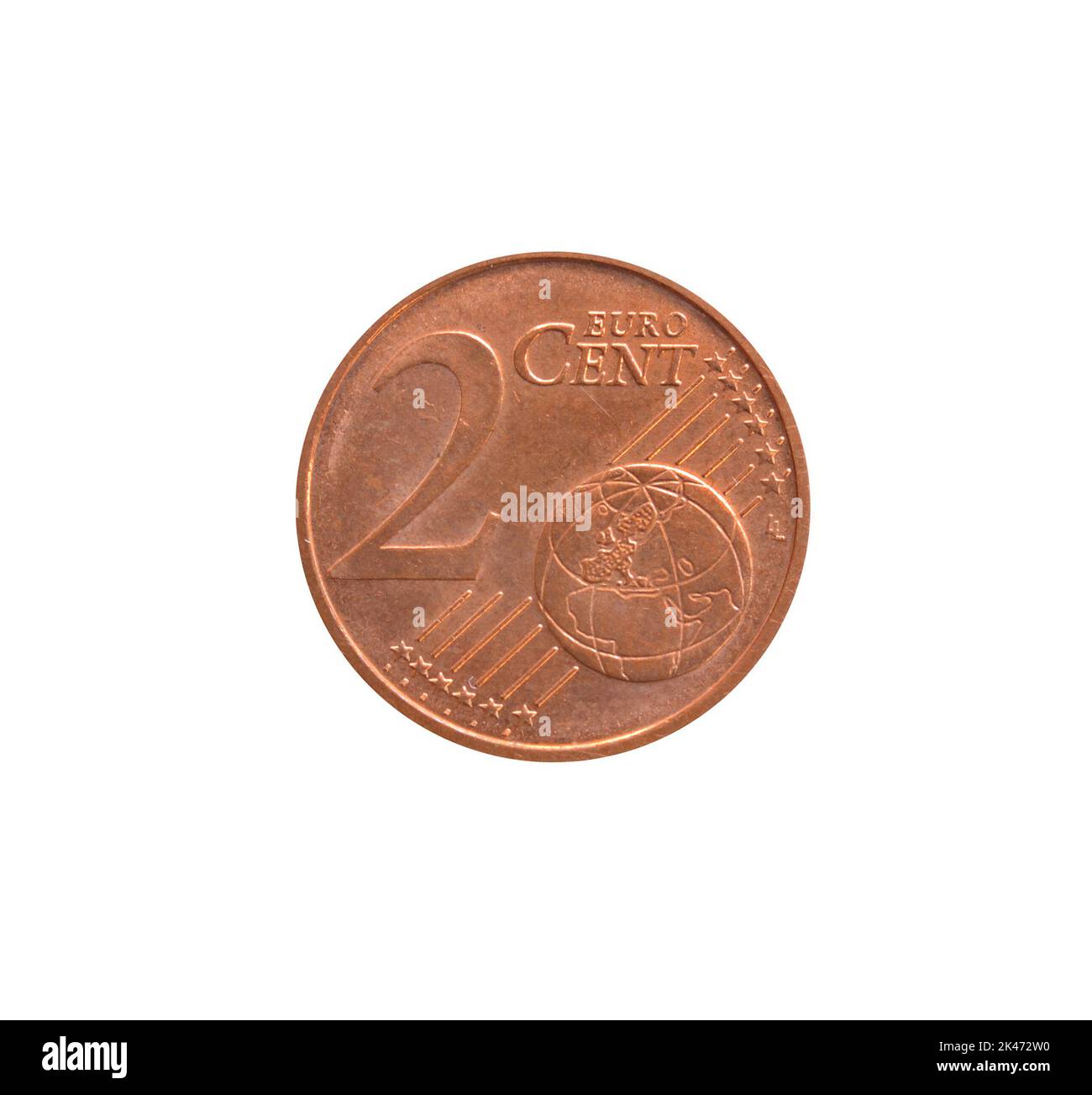 Obverse of 2 Euro cent coin, that shows the globe below right, showing ...