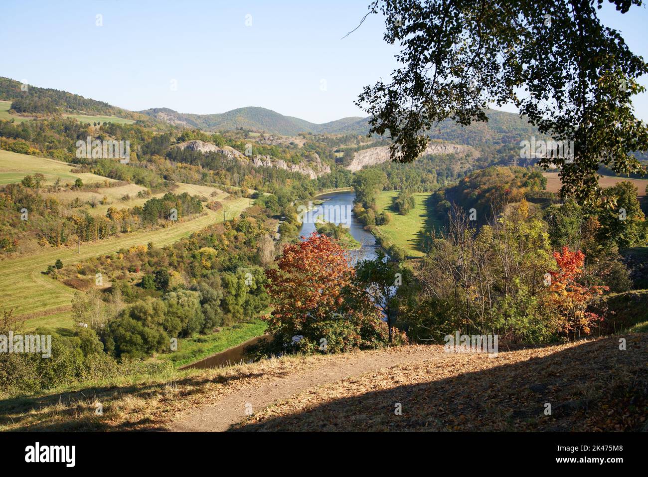 Autumn landscape with hills and the Berounka river near Tetin, Czechia ...