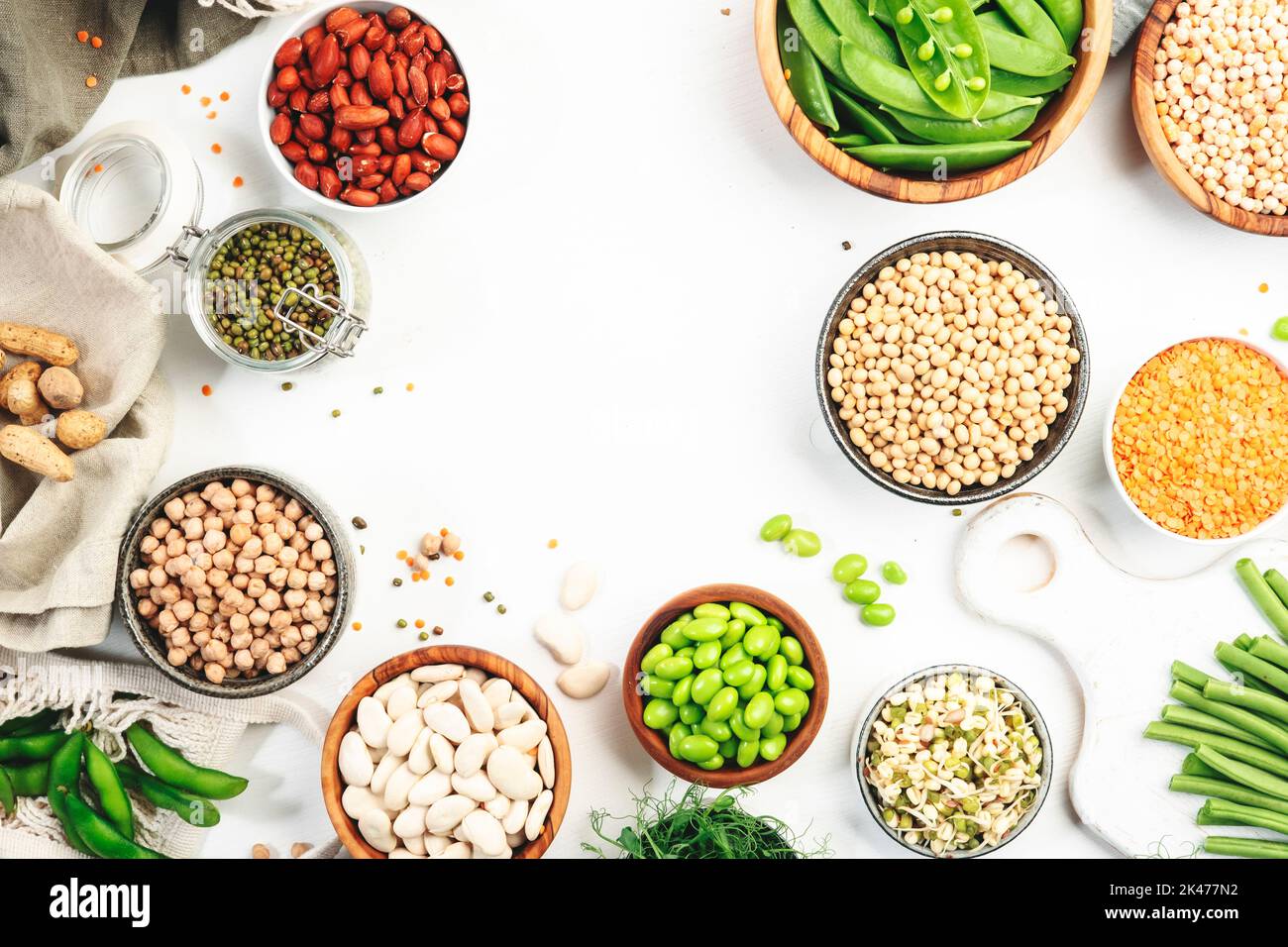 Beans, legumes and green sprouts. Dried, raw and fresh, top view. Red ...