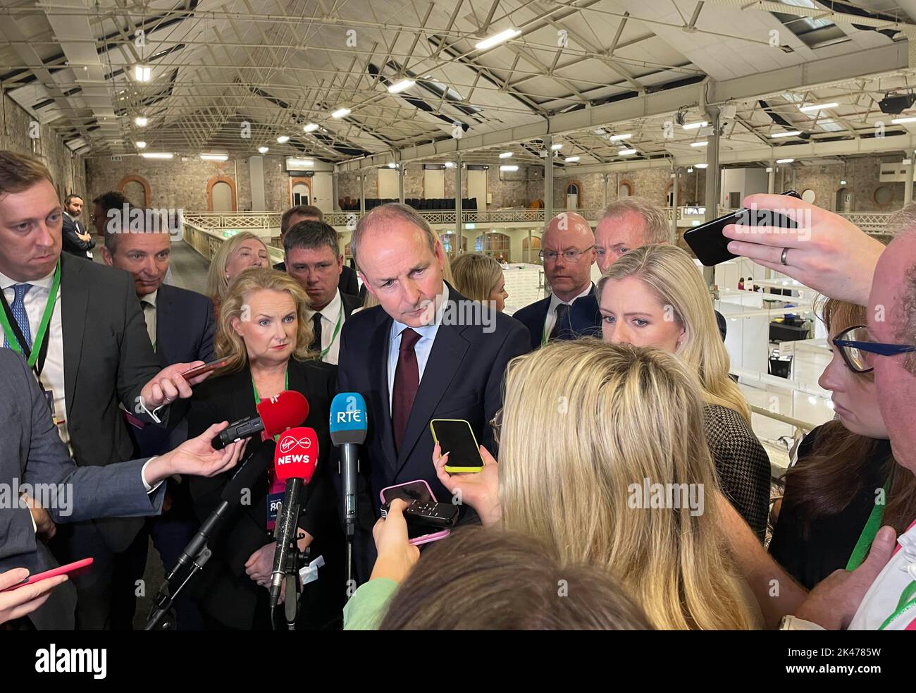 Irish premier Micheal Martin speaks to the media at the RDS venue in Dublin ahead of his address ...