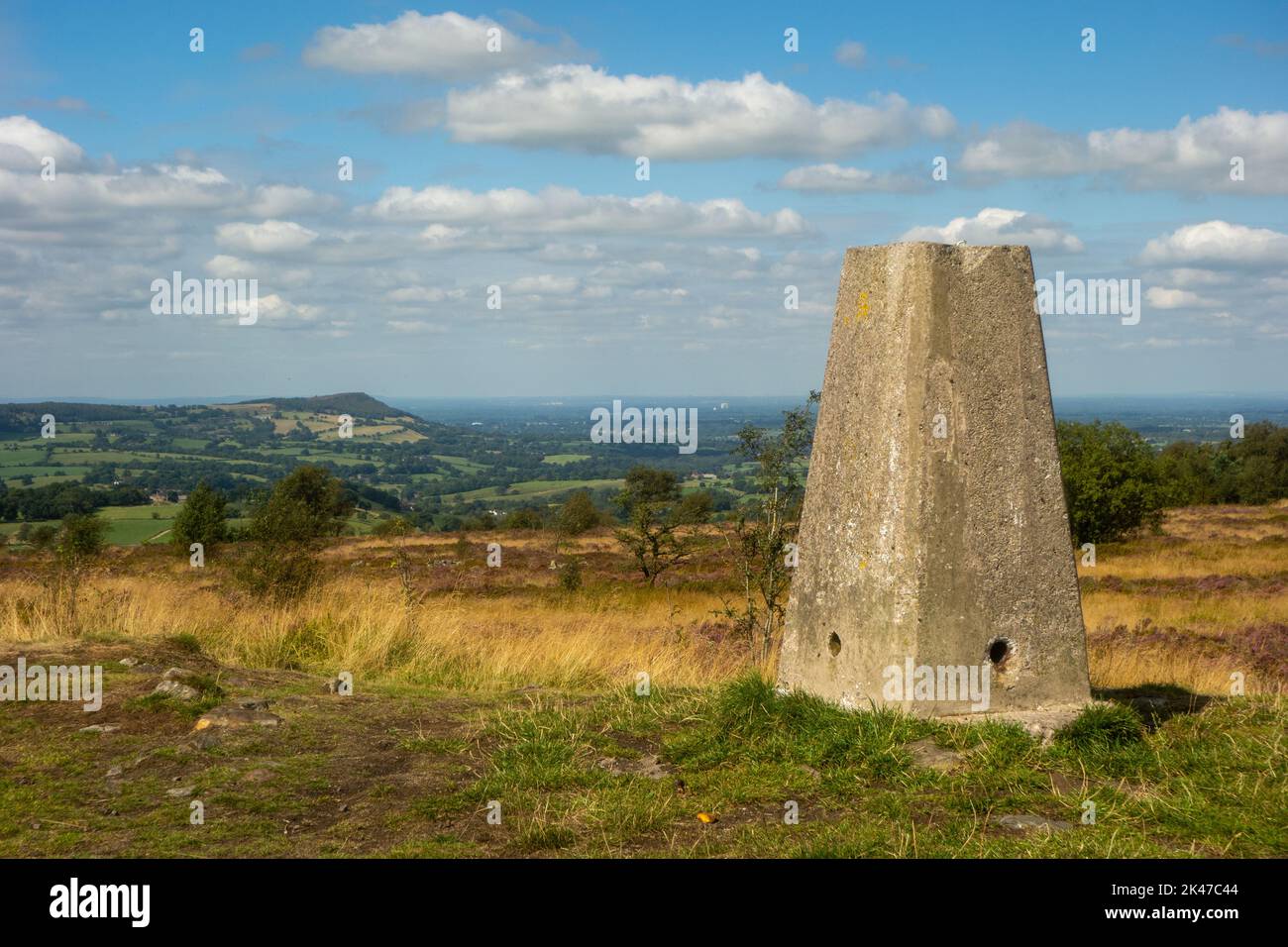 The trig point on Gun Hill Gun Moor in the Stafordshire moorlands with ...