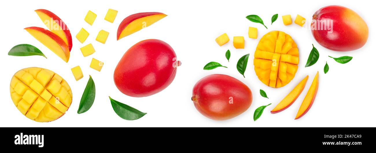 Mango fruit half with slices isolated on white background. Set or ...