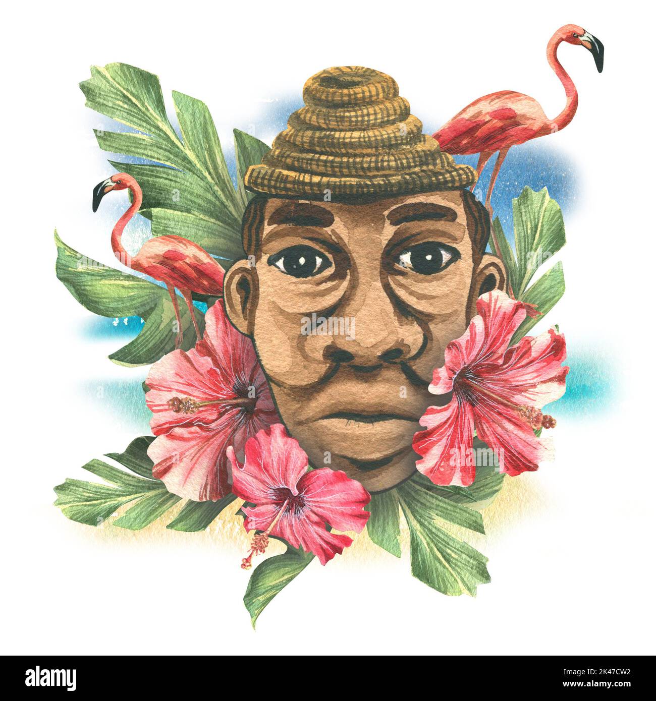 Clay mask in the form of a black man in palm leaves and hibiscus ...