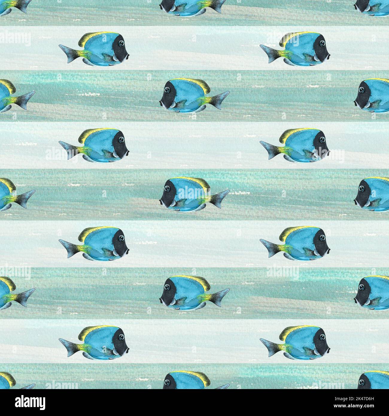 Blue fish on a striped background of gray and turquoise. Watercolor ...